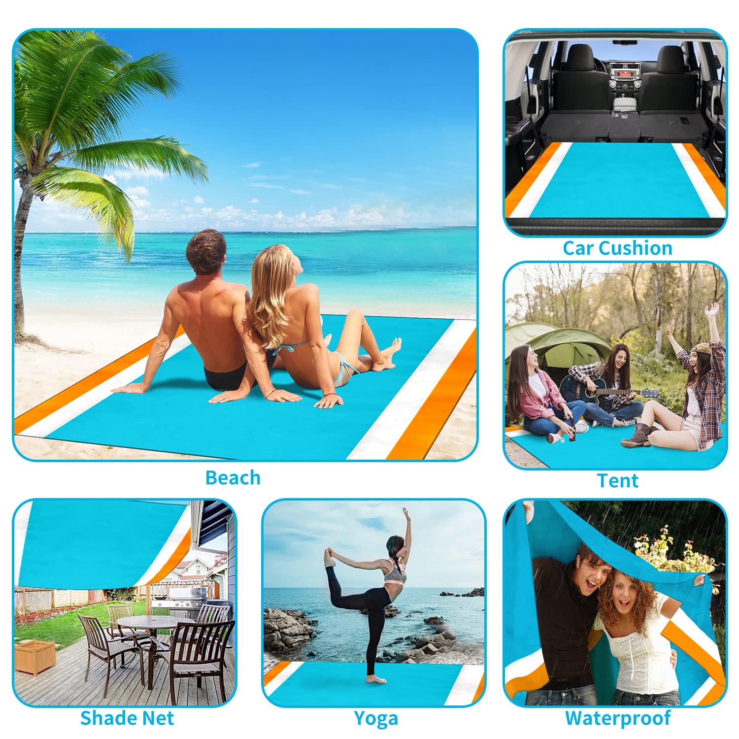 Aocktobar Beach Blanket, 79''×86'' Blankets Sandproof for 4-7 Adults, Oversized Lightweight Beach Mat, Portable Picnic Mat, Sand Proof Mat for Beach,Travel(Blue