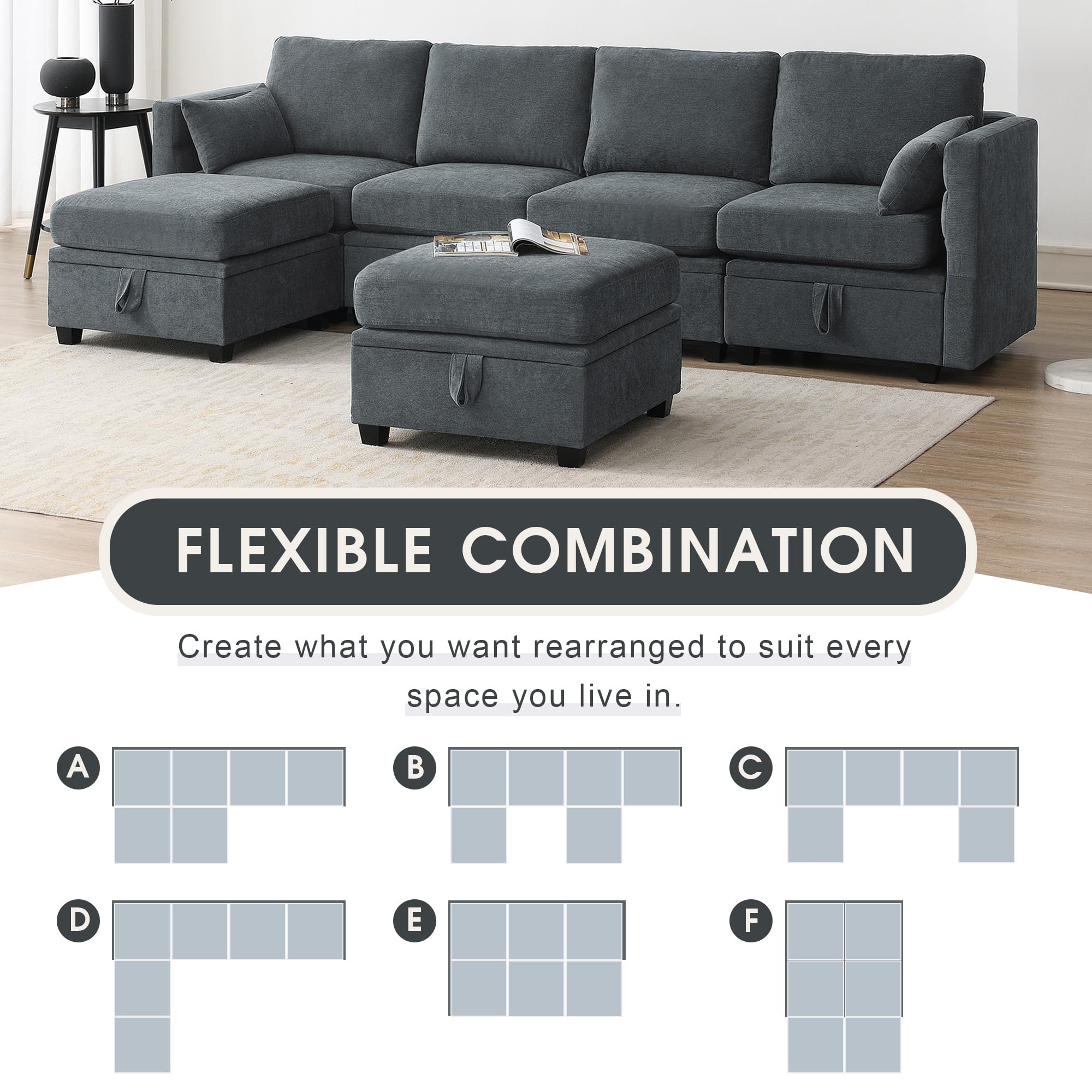 Bellemave U Shape Sectional Sofa Oversize Modular Sofa Couch with Adjustable Armrests and Backrests, Upholstery Convertible Sofa 6 Seat Reversible Sofa with Storage Seats for Living Room (Grey)