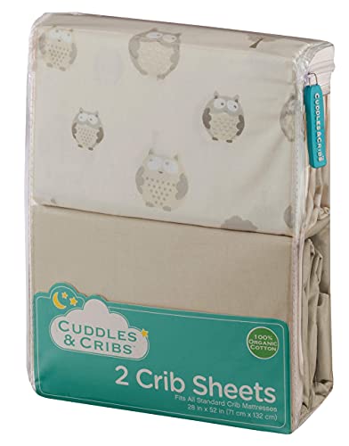 Cuddles & Cribs 2 Pack GOTS Certified Organic Cotton Fitted Crib Sheet - Tan, Owl