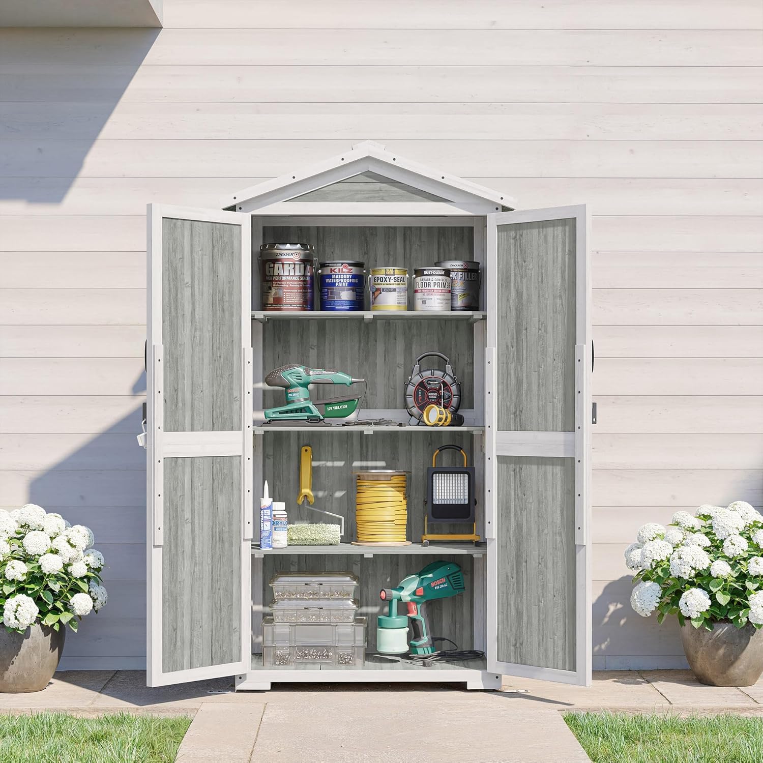 BELLEZE Outdoor Storage Cabinet with 4 Removeable Shelves, Wooden Garden Tall Storage Shed Lockable Tool Storage Cabinet with Waterproof Roof, Outside Tool Shed for Patio Lawn Yard Backyard - Gray