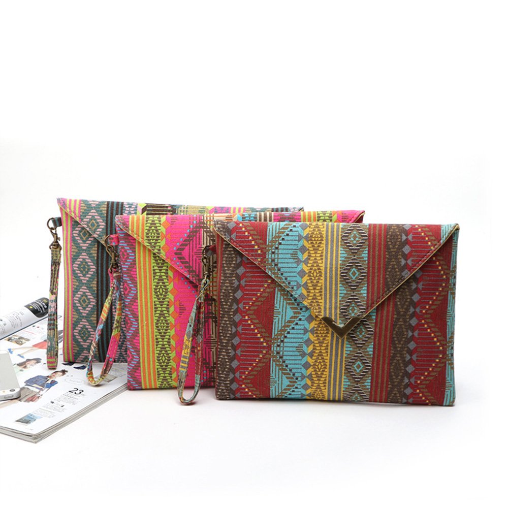 DukeTea Bohemian Oversized Clutch Purse, Large Canvas Envelope Evening Wristlet Bag Pink