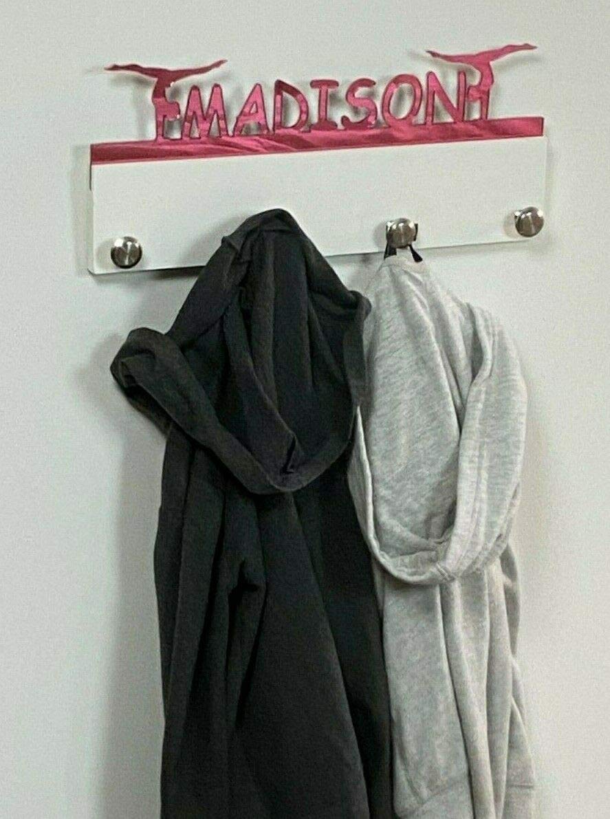 MIRROR MANIA Personalized Coat Hanger Gymnastics Gymnasts Rack Bag Hat Towel Backpack Sweatshirt Jacket Hook Organizer Wall Door Decor, One of A Kind, Custom Made to Order, with Your Name On It!