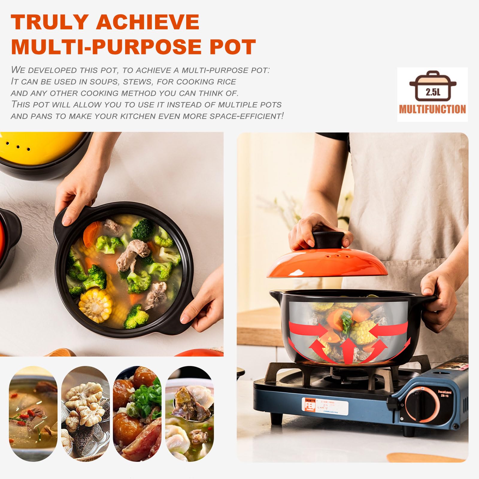 Aroplor 2.65Quart Ceramic Casserole Nonstick stockpot with Lid Red Round Casserole Skillet,Earthen Pot/Ceramic Cookware with Lid,Uniform Heating,Oven Safe,Heat Resistant, Cooking Rice Soup