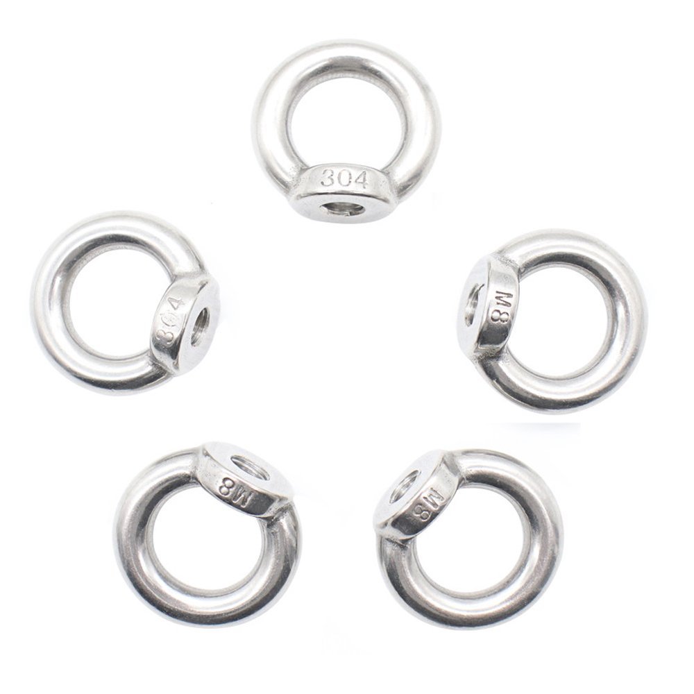 Eowpower 5 Pieces 304 Stainless Steel M8 Ring Eye Bolt Threaded Nuts