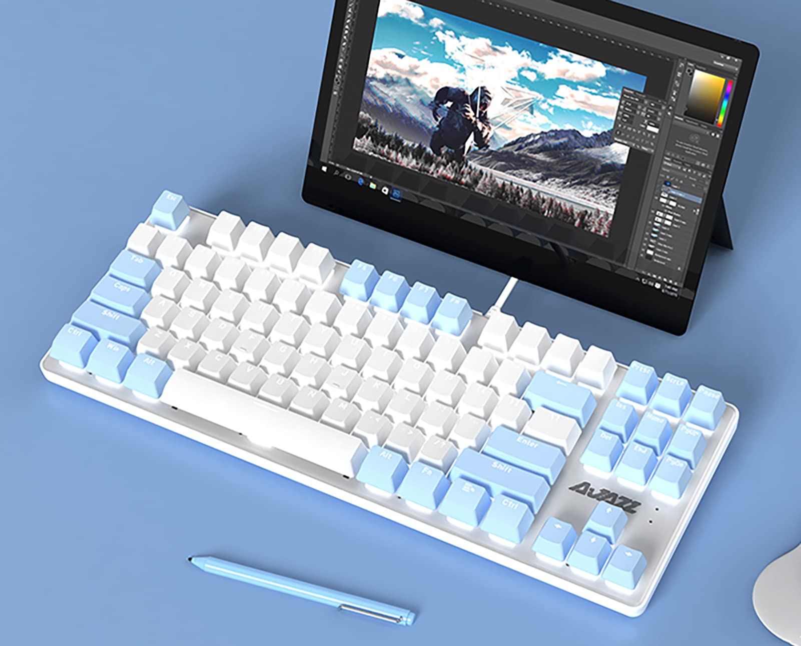 Ajazz AK40 Wired Mechanical Keyboard, 87-Keys Compact Mechanical Gaming Keyboard with Anti-ghosting Keys, Small and Portable (Blue&White, Black Switch)