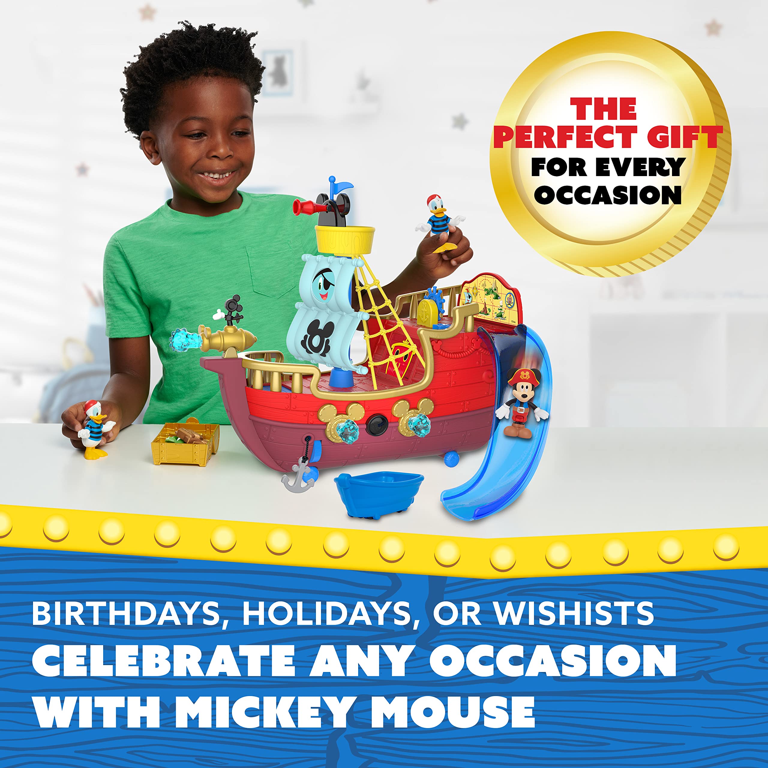Disney Junior Mickey Mouse Funhouse Treasure Adventure Pirate Ship with Bonus Figures, 18-Piece Toy Figures and Playset, Kids Toys for Ages 3 Up, Amazon Exclusive by Just Play