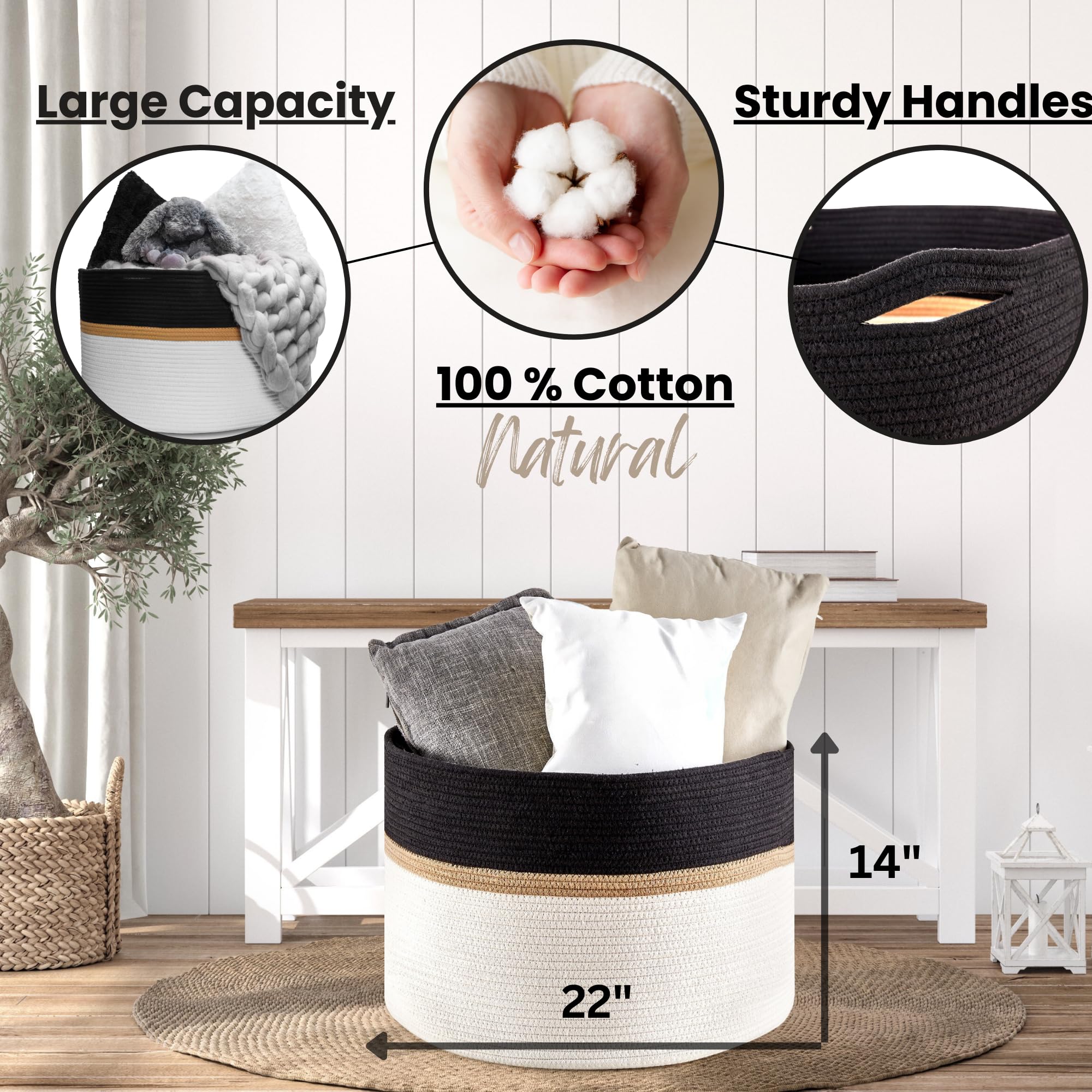 CuddleHaus | Modern Boho Basket | Living Room Blanket Storage Holder | Nursery Laundry Baskets | Baby and Kids Room Toy Organization | Woven Cotton Rope Bathroom Towel Basket
