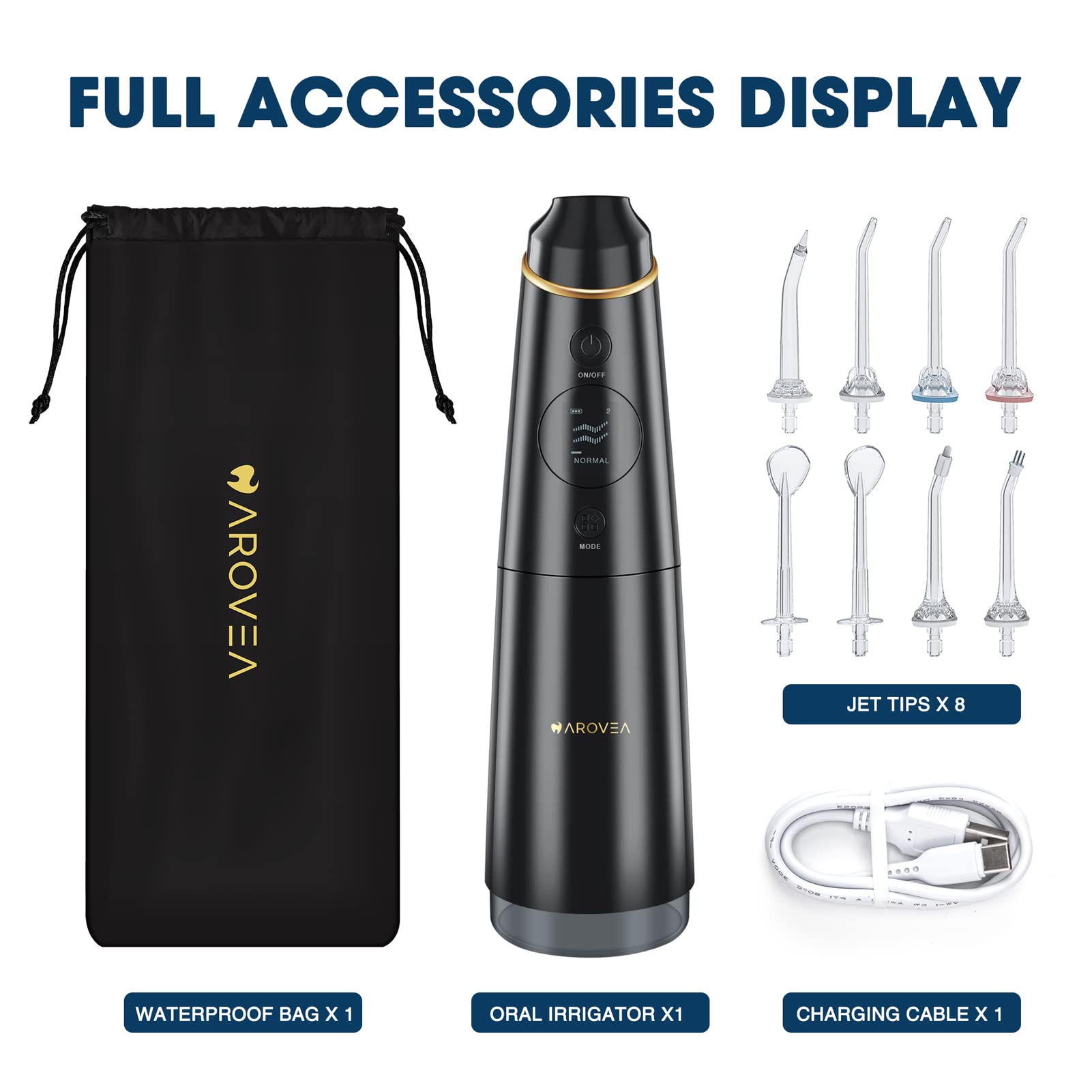 AROVEA Water Flosser, 5 Professional Modes, 8 Replaceable Jet Tips - IPX7 Waterproof, Powerful Rechargeable Battery Life, Oral Dental flosser for Home Travel