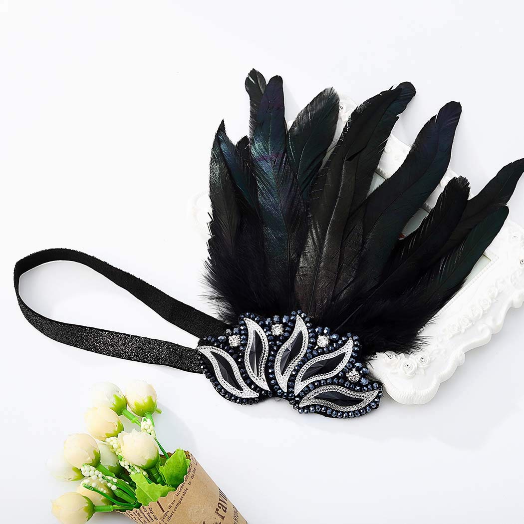 Asooll 1920s Vintage Feather Headband Black Crystal Headpiece Flapper Prom Hair Accessories for Women
