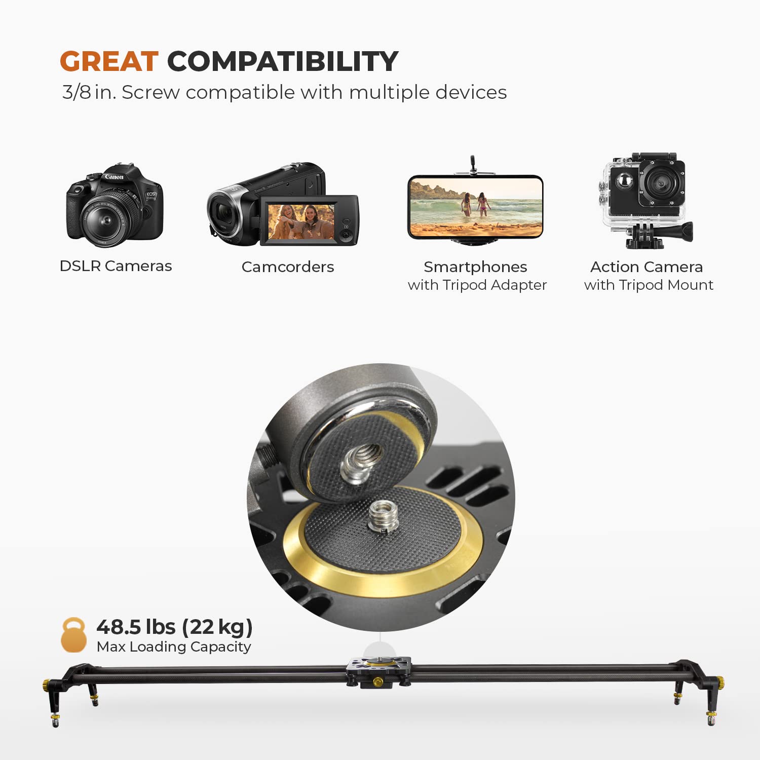 LimoStudio (Upgraded) 47 in Carbon Fiber Camera Slider / 120cm Dolly Track Rail, Smooth Bearing Stabilizer, Height Adjustable, Spirit Level, AGG1982