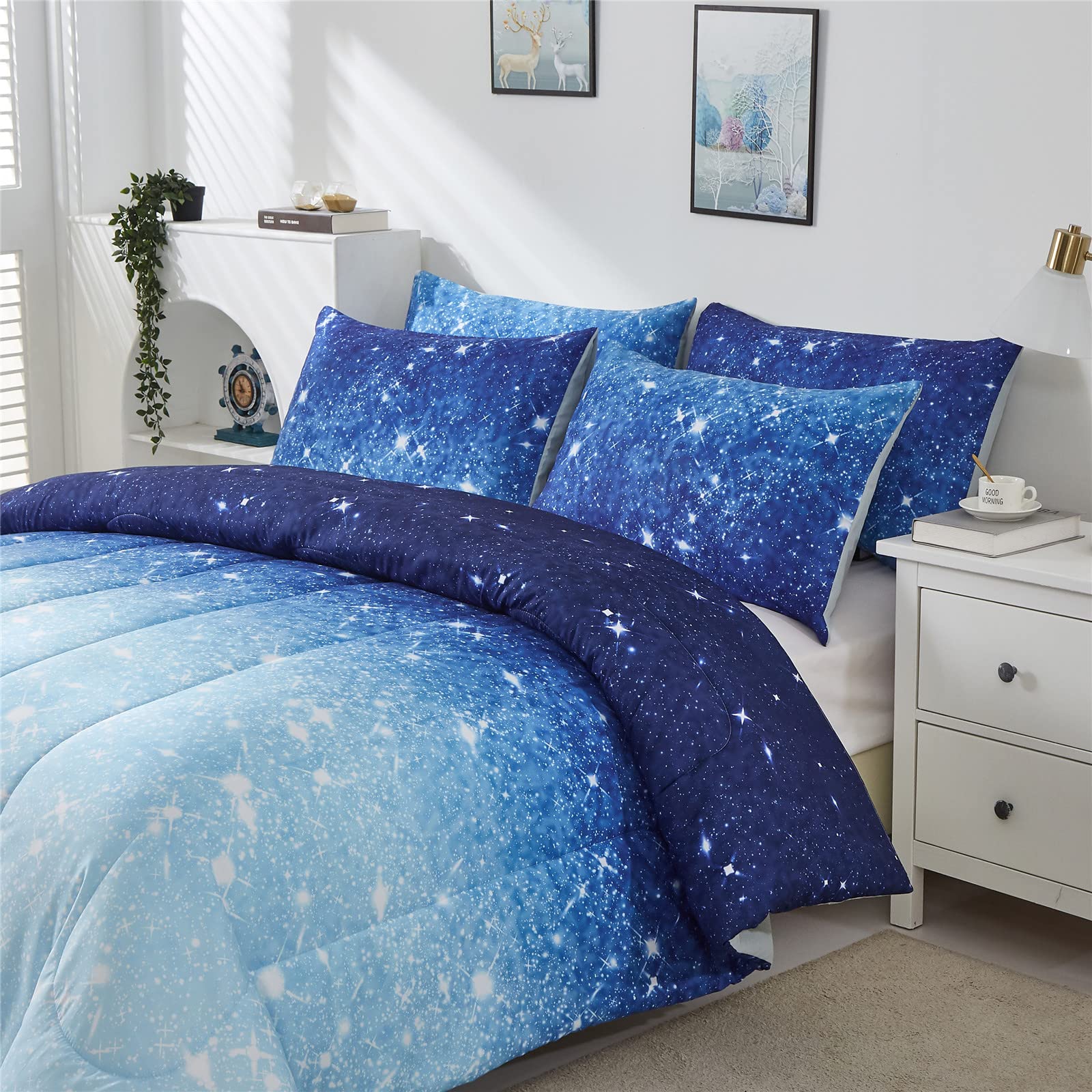 kiddiku Blue Glitter Comforter Set Twin Size for Boys Girls, Sparkle Galaxy Twinkle Starlight Comforter for Kids Teen, 2 Piece Aqua Blue Navy Ombre Bedding Set with 1 Pillow Case(Blue,Twin)