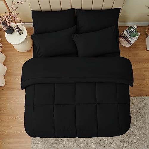 CozyLux Queen Comforter Set - 7 Pieces Bed in a Bag Set Black, Bedding Sets Queen with All Season Quilted Comforter, Flat Sheet, Fitted Sheet, Pillowcases, Black, Queen