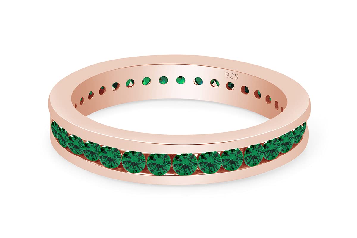 AFFY Round Shape Simulated Green Emerald Full Eternity Band Ring in 14K Rose Gold Over Sterling Silver, Ring Size: 7.5