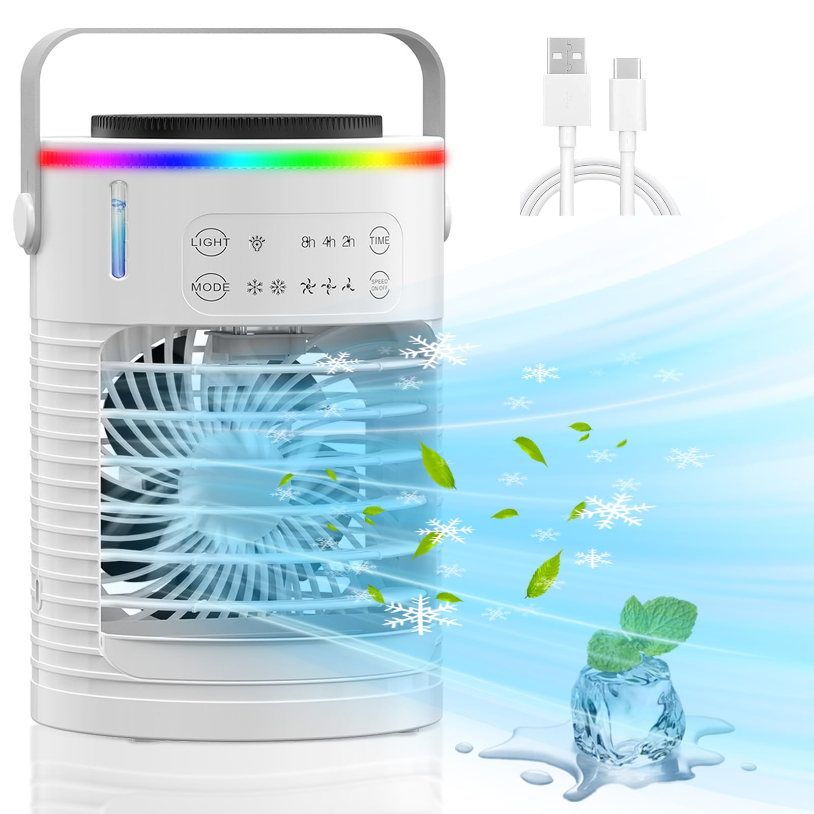 Azoiito Portable Air Conditioners,Small Air Conditioner with 2 Mist&3 Timer&7 Colors Night Light,Evaporative 3 Speed Personal Air Cooling Fan,Mini Desk Air Cooler AC Fan for Car, Office Camping