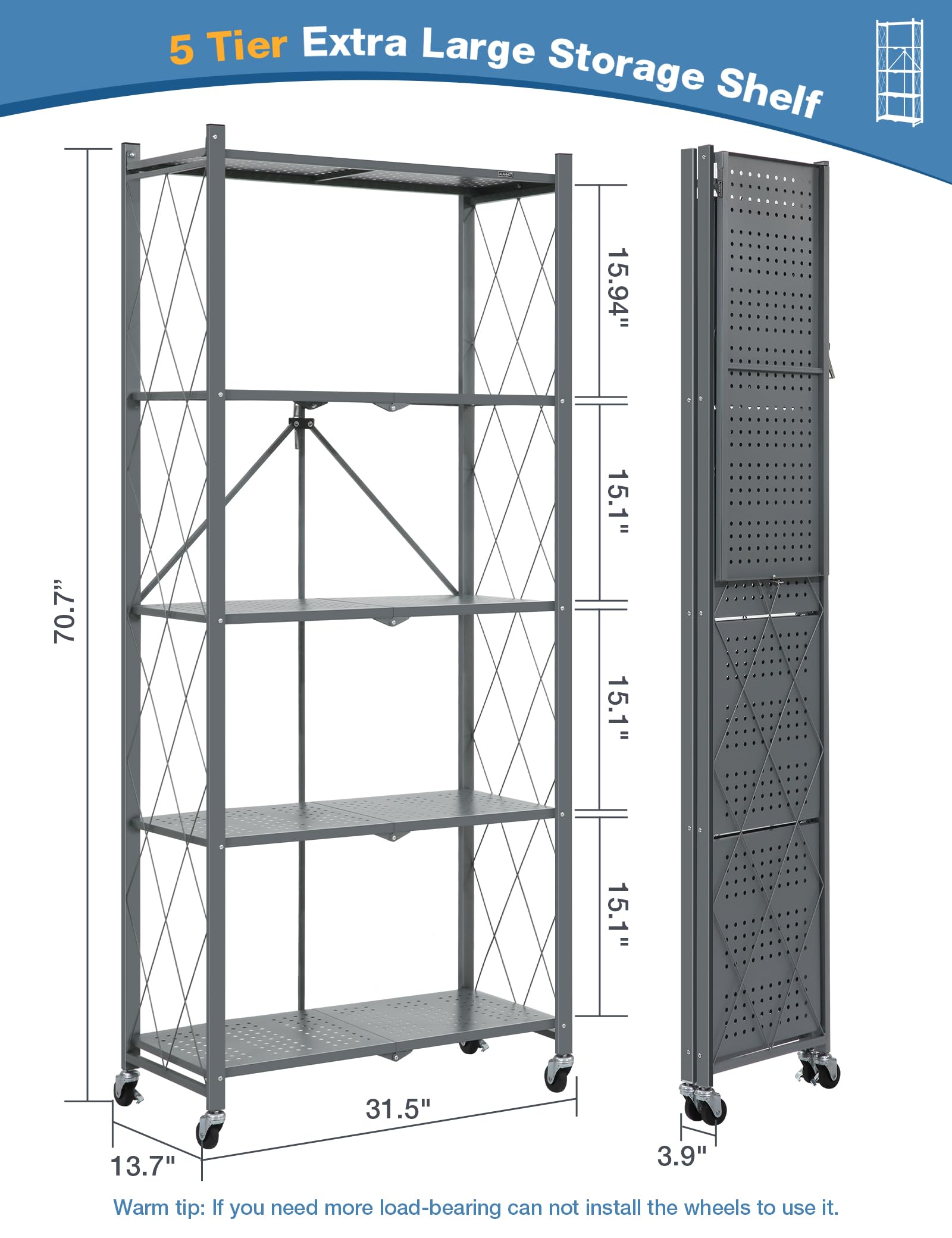 ALANNG 70.7" H Metal Storage Shelves, 5 Tier Folding Storage Shelves on Wheels, Heavy Duty Collapsible Shelving Unit, No Assembly Storage Rack for Kitchen, Basement, Pantry (Grey,1 Pack)