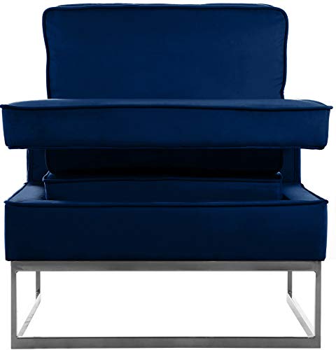 Meridian Furniture Noah Collection Modern | Contemporary Velvet Upholstered Accent Chair with Durable Stainless Steel Base, Navy, Chrome Base