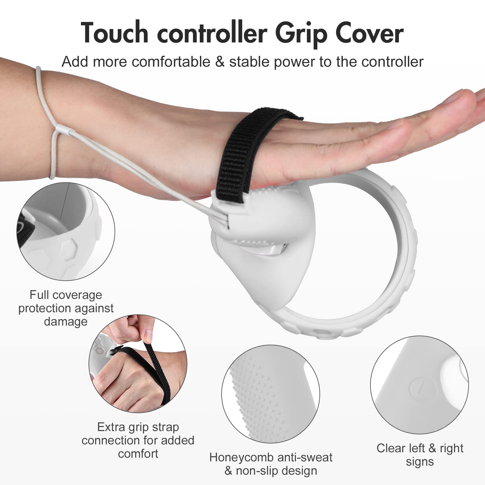 AMLINK VR Silicone Cover Accessories for Oculus Quest 2, VR Shell Cover Protective, Silicone Face Cover, Adjustable Strap Controller Grip Cover and Remote Sensing Rod Cap(Greyish White)