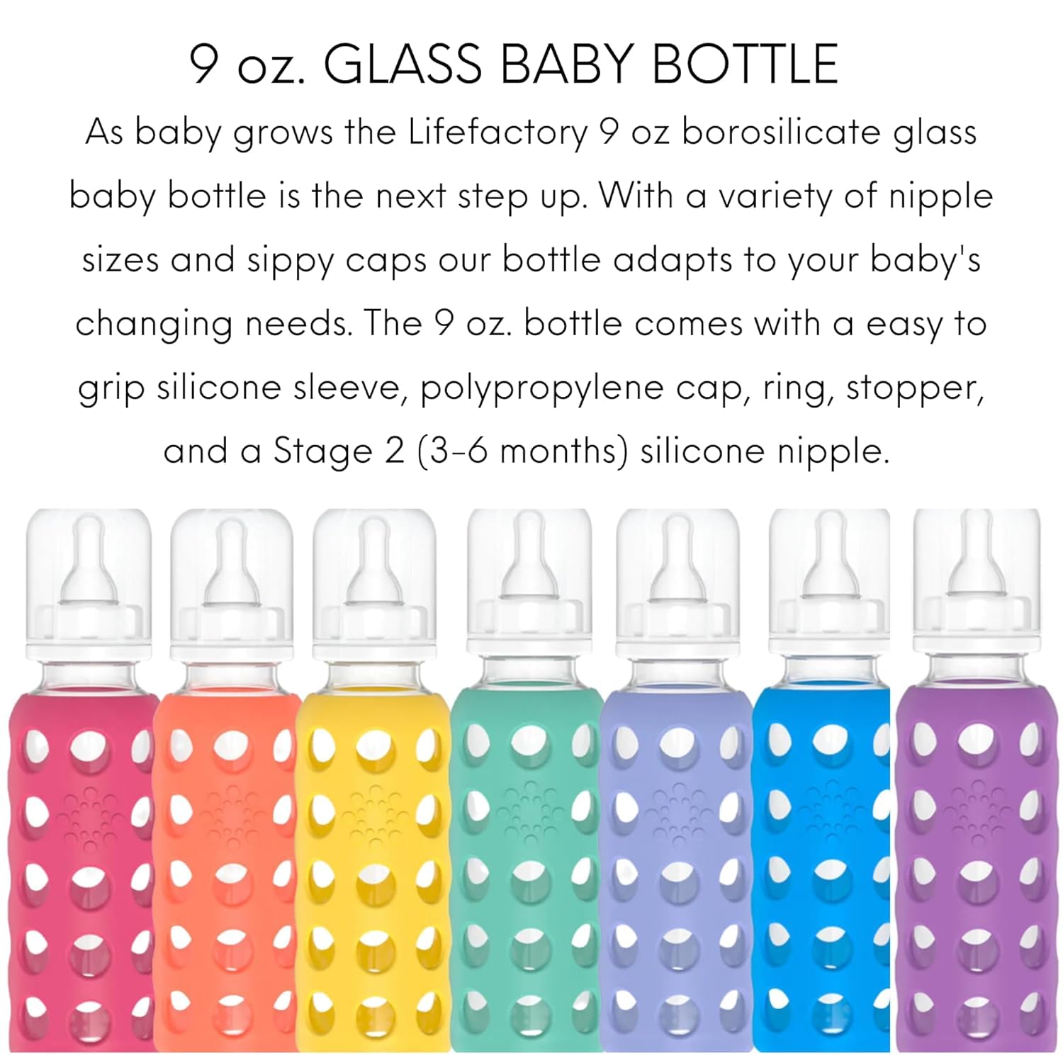 Lifefactory 9-Ounce BPA-Free Glass Baby Bottle with Protective Silicone Sleeve and Stage 2 Nipple, Grape