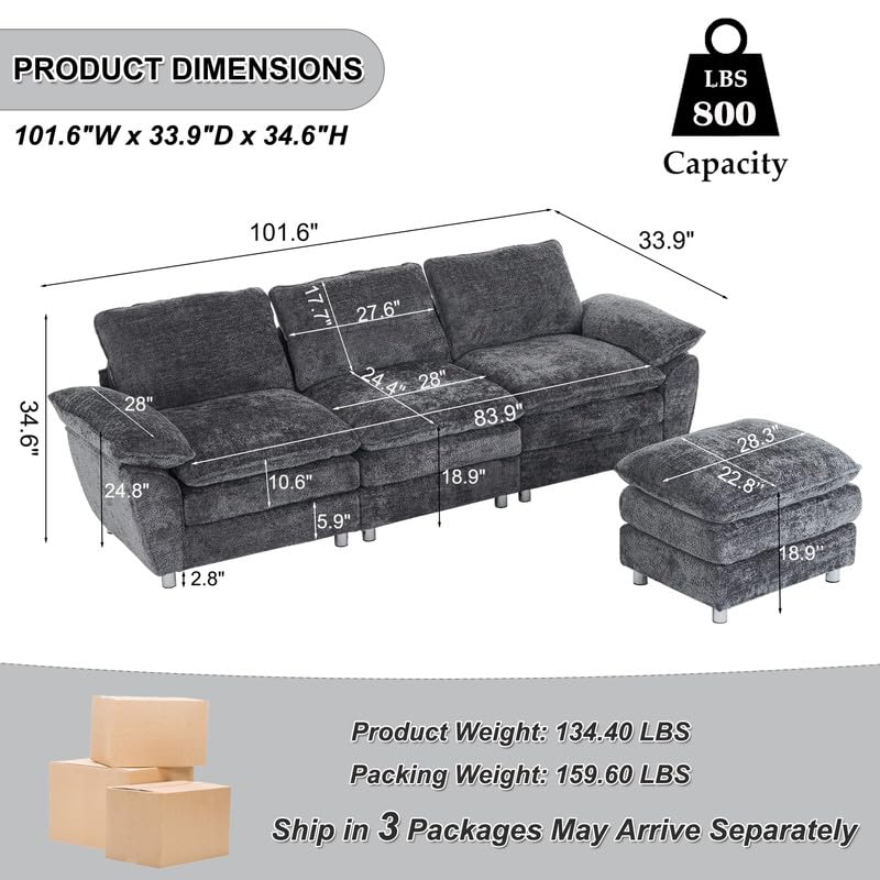 AZSJML 101'' Sectional Cloud Sofa Couch, Chenille L-Shaped Deep Seat Modular Sofa Couch for Living Room, Modern Upholstered 3-Seat Sofa with Ottoman, Comfy Oversized Couch for Apartment, Grey-1