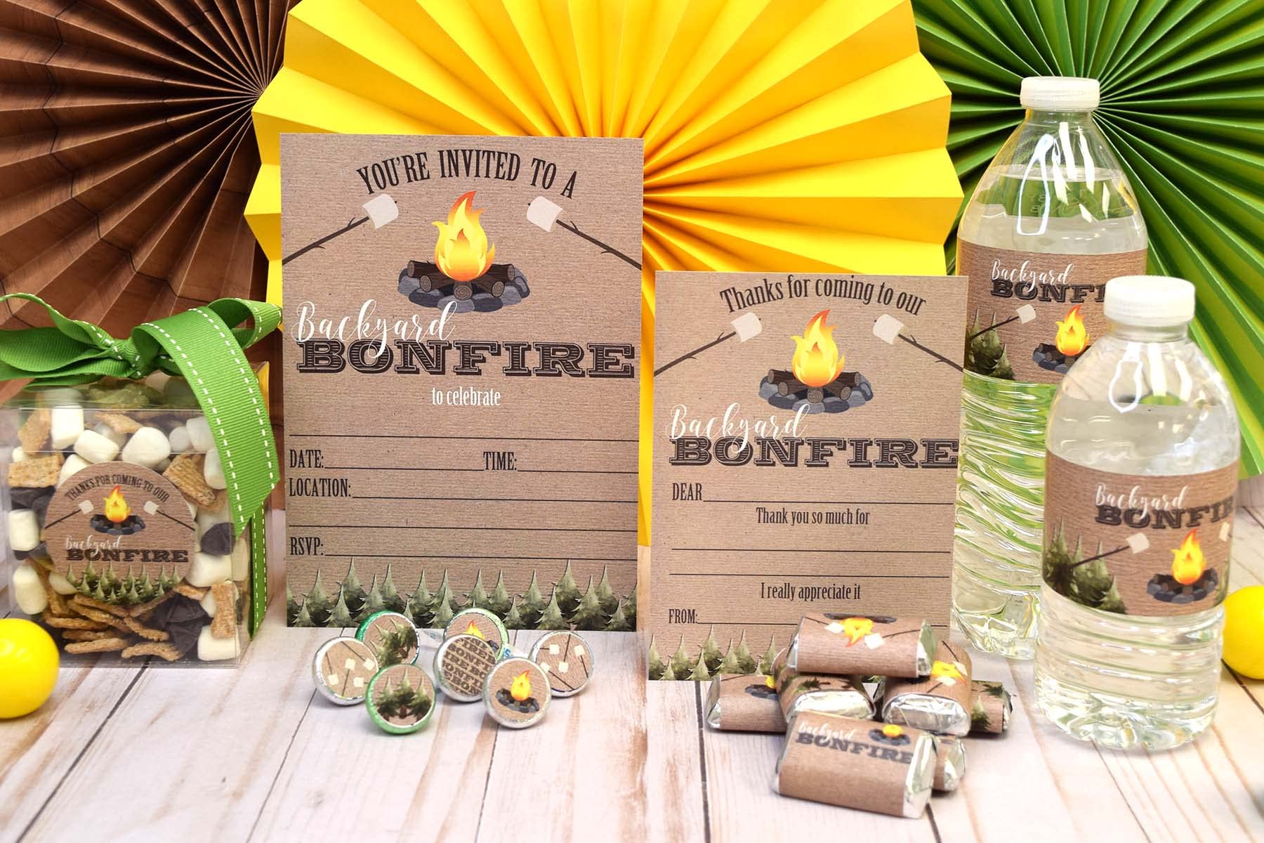 Backyard Bonfire Birthday Party Bundle Includes 20 each of Invitations & Thank You Cards with Envelopes + 2 Different Sizes of Stickers, Mini Candy Bar Wrappers, & Water Bottle Labels!