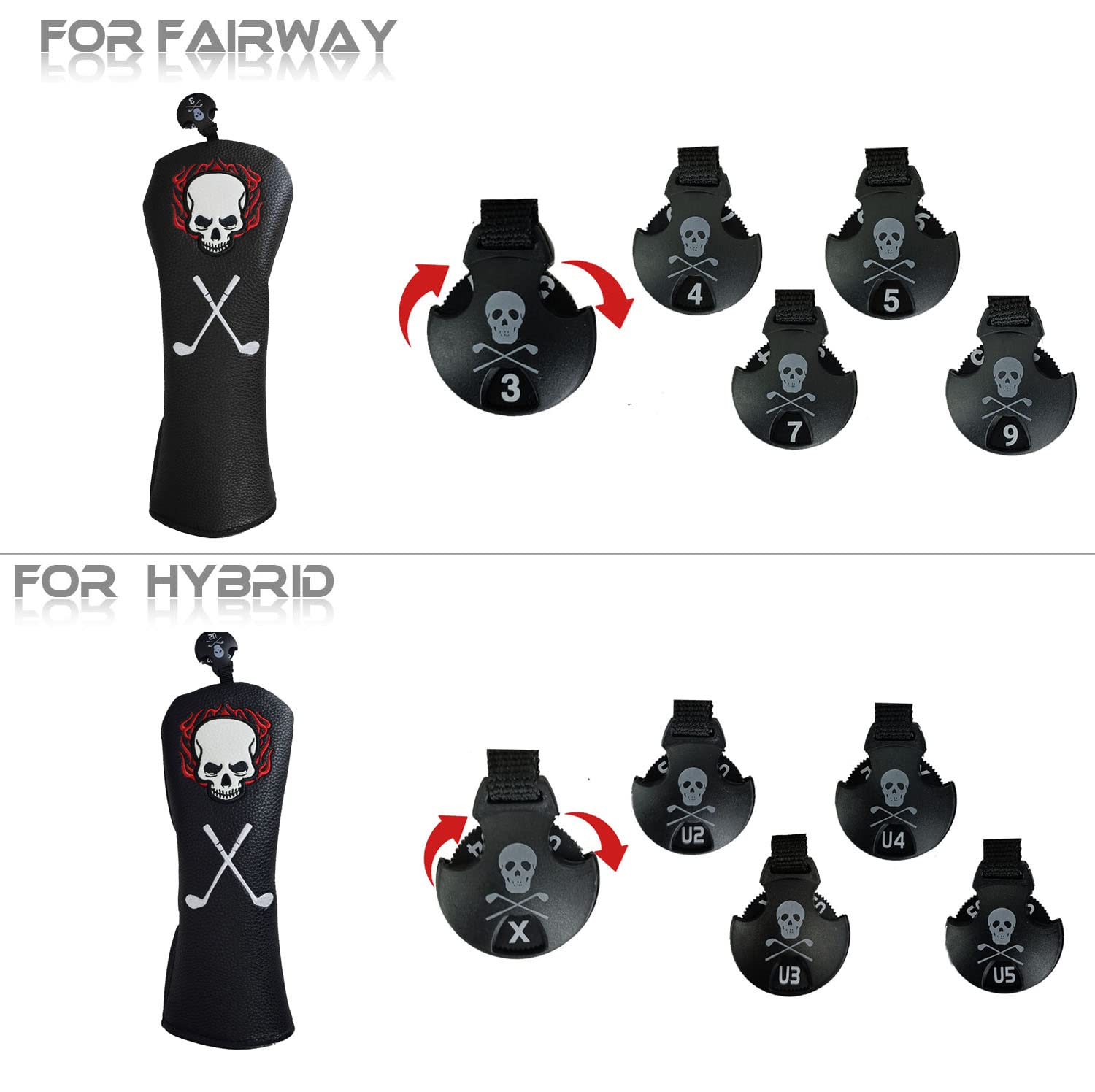Asports Use Golf Head Cover, Golf Skull Skeleton Club Head Cover Fits Driver Fairway Wood Hybrid with Interchangeable Number Tag