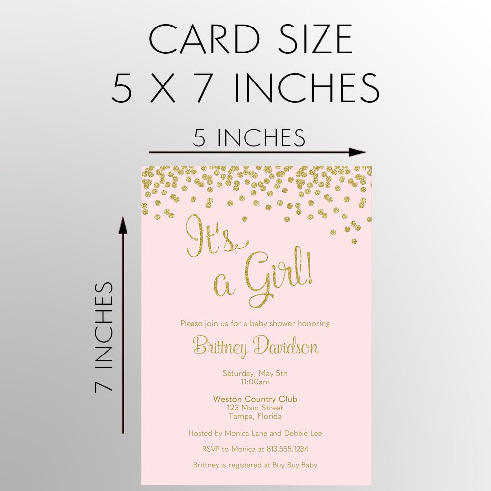 Customizable Baby Shower Invitations for Girl Pink and Gold Invites with Envelopes (12 Count)