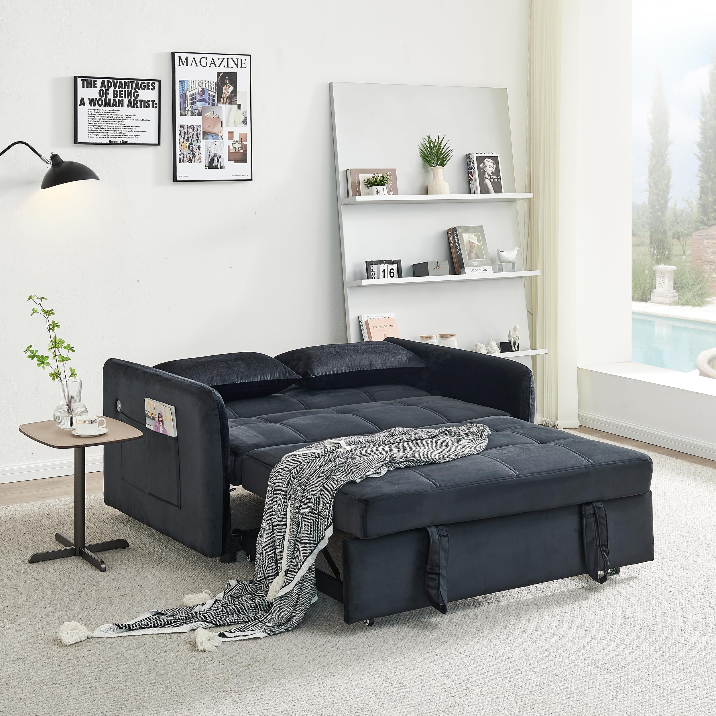 HomSof Convertible Sleeper Sofa Bed, Brown Modern Loveseat Couch with Pull Out Bed, 2 Pillows and Side Pockets