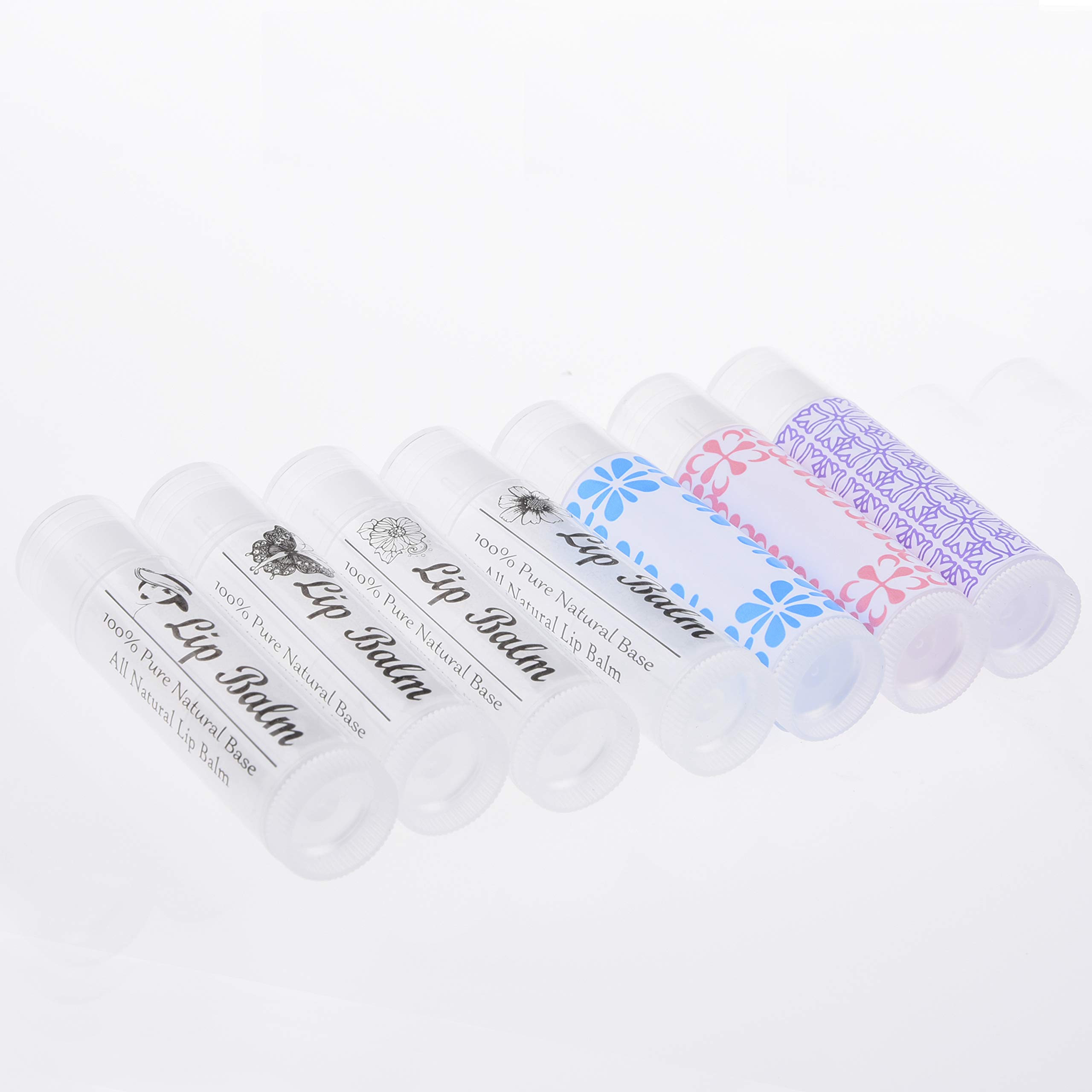 Lip Balm Container Tubes - 50-Pack - DIY - Transparent- 3/16 Oz (5.5 ml) - Including 50 Writeable & 50 Printed Lip Balm Stickers - Twist Mechanism and a Cap - Empty