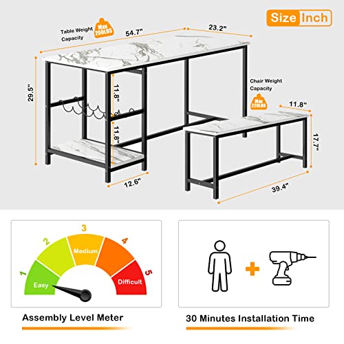 Dining Table Set for 4, 3 Piece Kitchen Table and Chairs Set with 2 Benches, Small Kitchen Table Set with Wine Rack and Glass Holder, Rustic Metal Frame for Breakfast Nook Apartment (White Statuario)