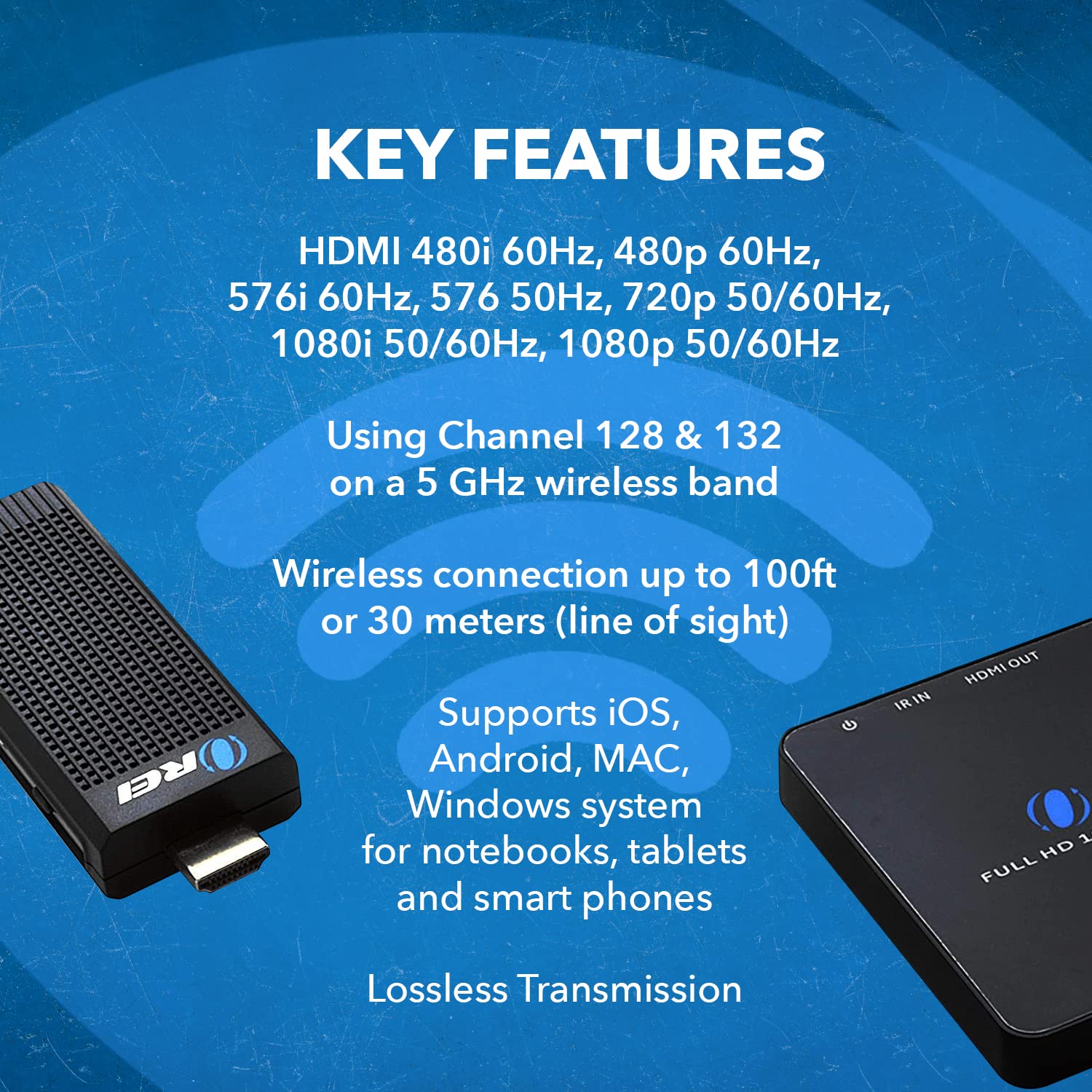 OREI Wireless HDMI Transmitter & Receiver - Extender Full HD 1080p Wirelessly Upto 100 Ft with Dongle - Perfect for Streaming, Laptops, PC, Media and More