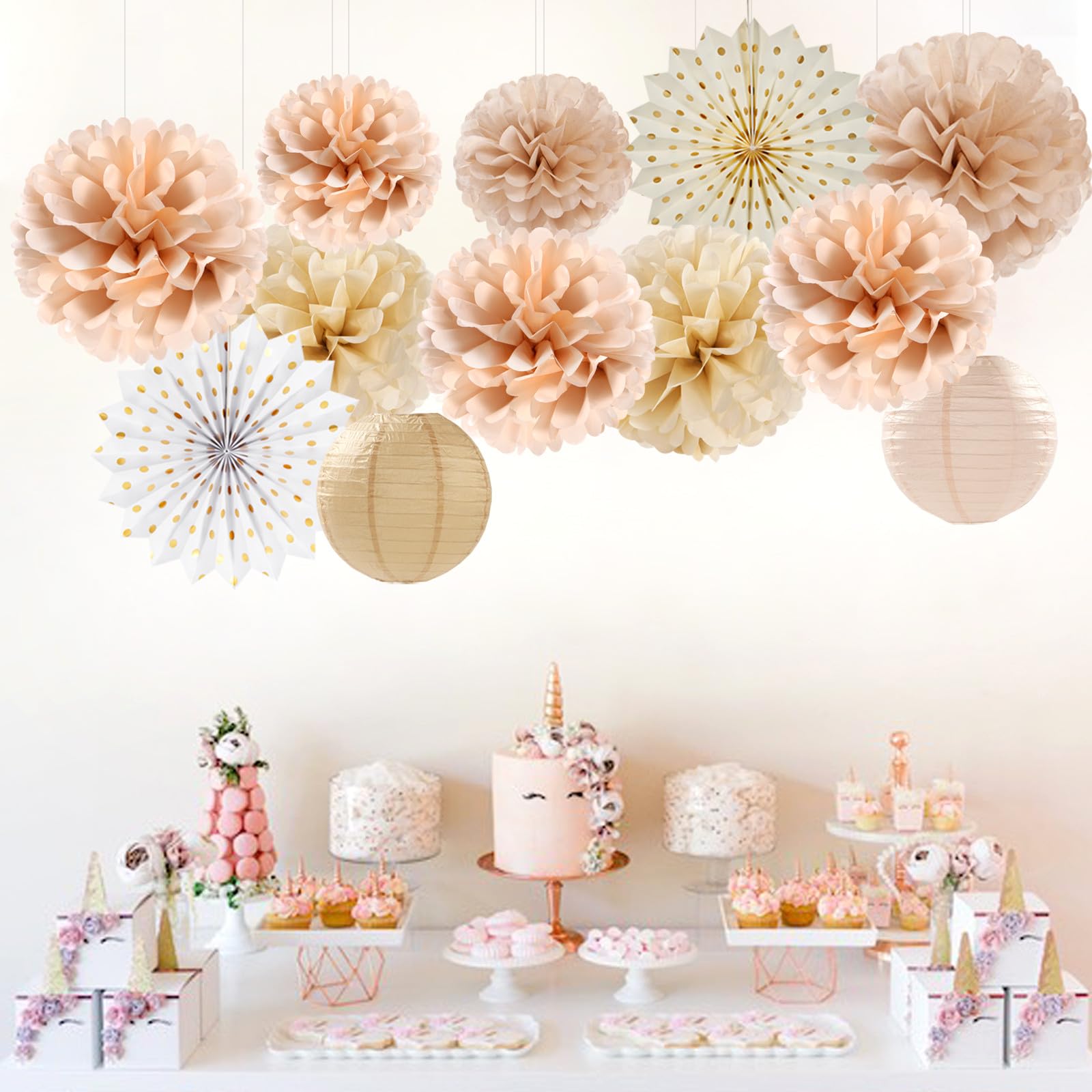 Beige-Champagne Gold White-Peach Boho Party-Decorations - 20pcs Neutral Baby Shower Rustic Wedding Paper Lanterns Fans,Tissue Pom Poms,Honeycomb Balls,Bunting,Birthday Bridal Decor Burgleda