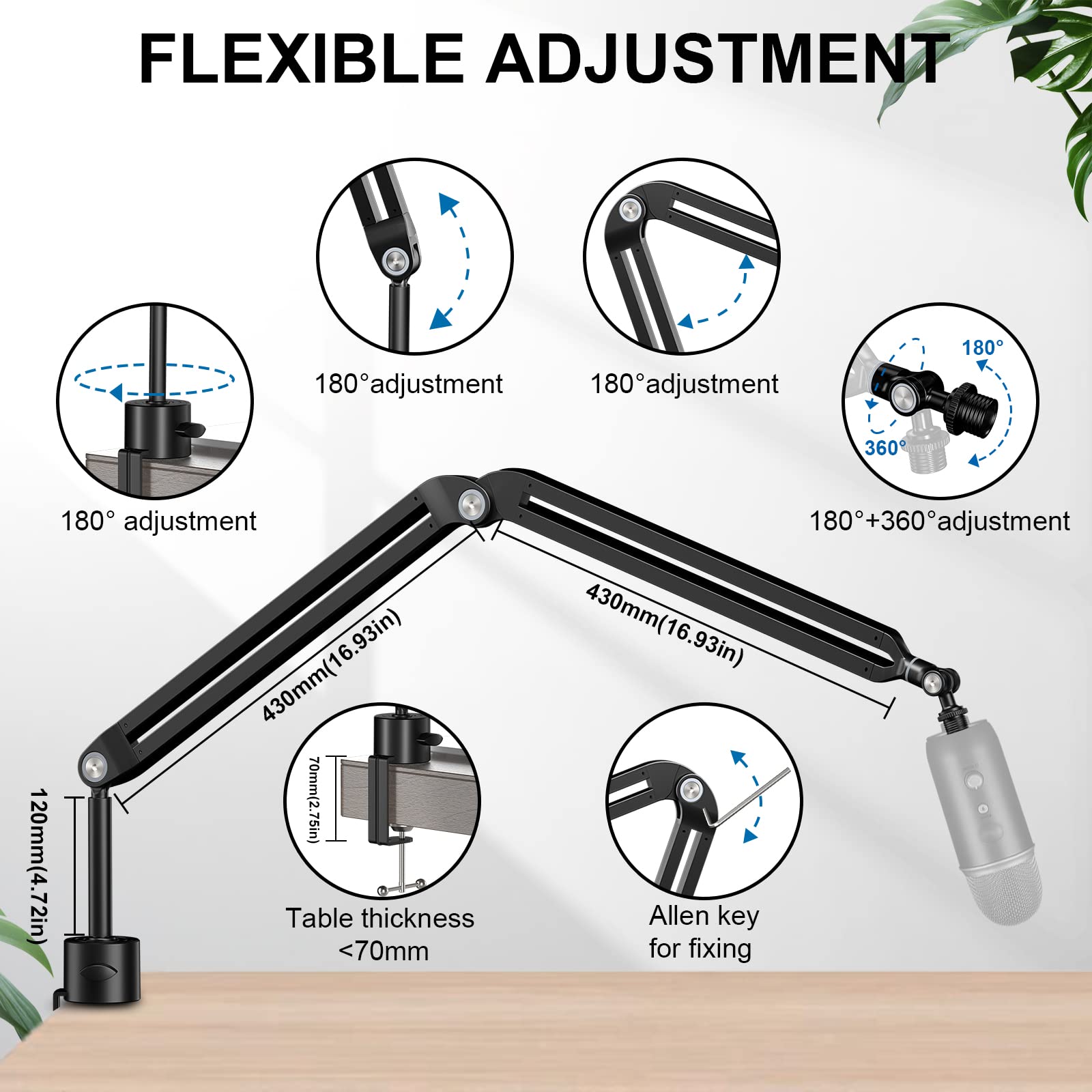 Aokeo Microphone Stand Desk Adjustable Compact Microphone Suspension Boom Scissor Arm Stand For Blue Yeti,Blue Snowball iCE, Professional Streaming, Voice-Over, Recording, Games