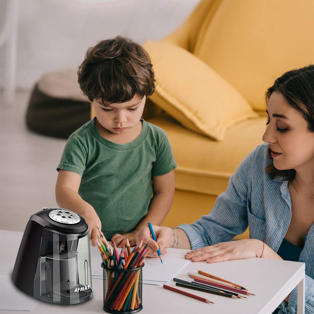 AFMAT Electric Pencil Sharpener Heavy Duty, 6 Holes, Large Adjustable Pencil Sharpener for Artists, Super Quiet Classroom Electric Sharpener with Helical Blade, Auto Stop for 6-11mm Jumbo Pencils