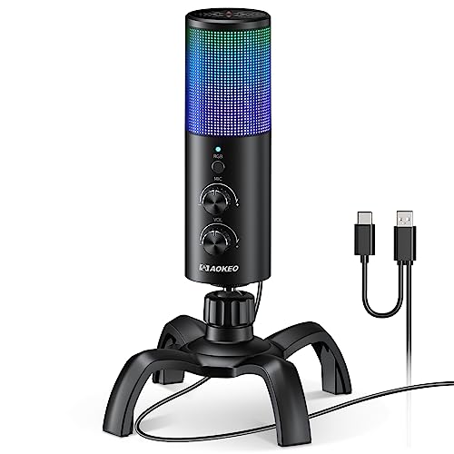Aokeo USB Gaming Microphone, PC Computer Condenser Mic with Gain,RGB Light for Recording,Podcasting,Streaming,YouTube, Twitch,Skype,Compatible with PS5 PS4 Mac Laptop Desktop(Black)