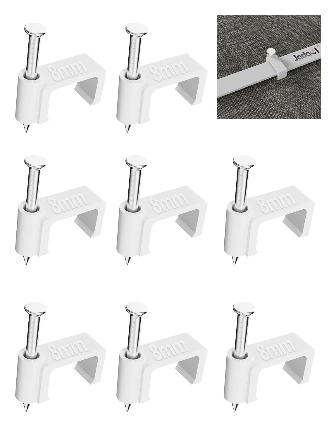 Jadaol 200Pcs 8mm Cable Clips with Nails, Flat Ethernet Cable Wall Clips, LAN Network Cable Tacks, Coax & Speaker Wire Clips, Internet Patch Cord Clips for Cat5/Cat5e/Cat6/Cat6a/Cat7/Cat8 RJ45 Cable
