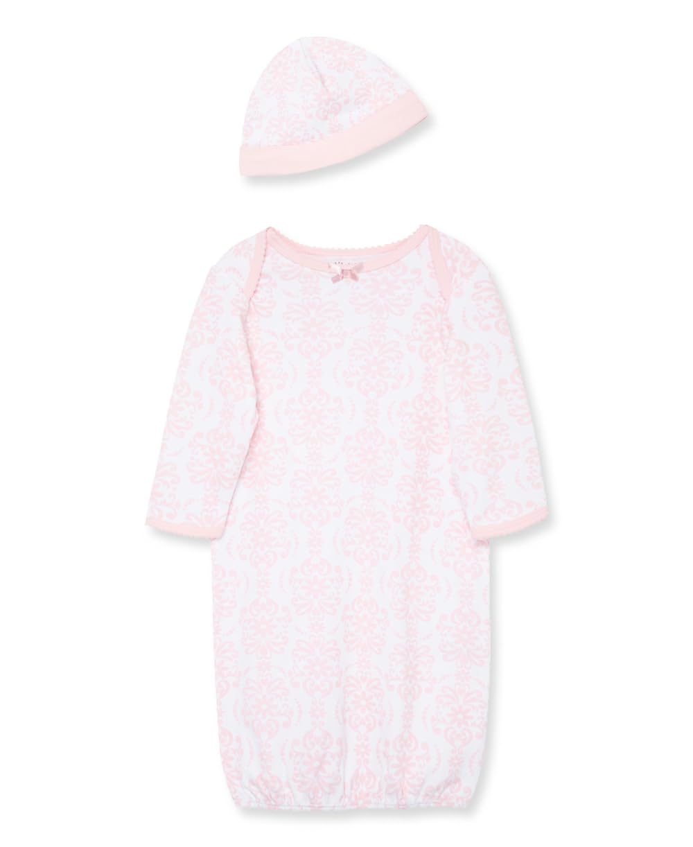 Little Me Baby Girl's 2-Piece Nightgown and Cap Set, Pink Damask, 0-3 Months