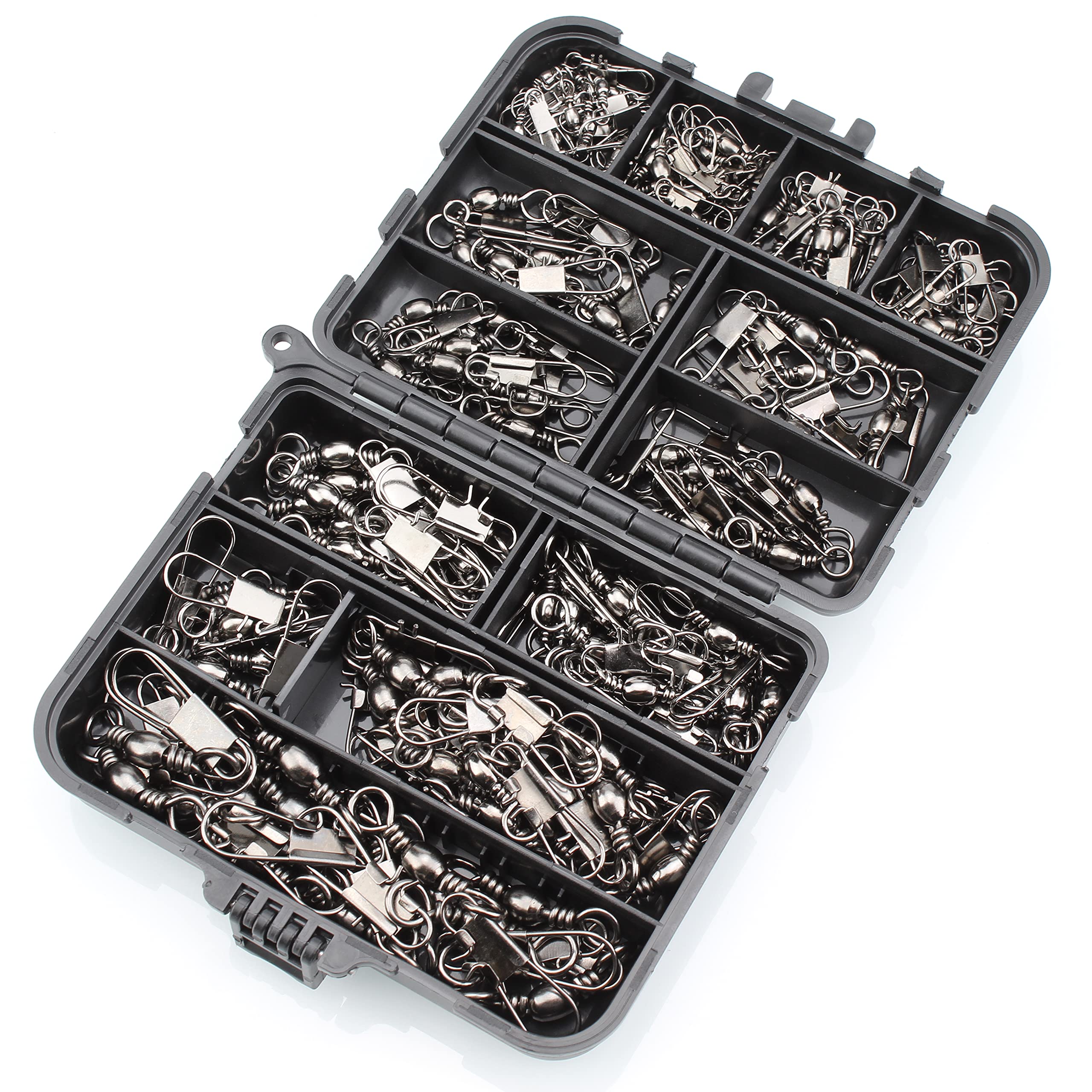 AOKIVIGOA 135pcs Barrel Fishing Swivel with Safety Snaps Connector Clips Tackle Box of Size 3/0 2/0 1/0 2 4 6 8 10 Style B
