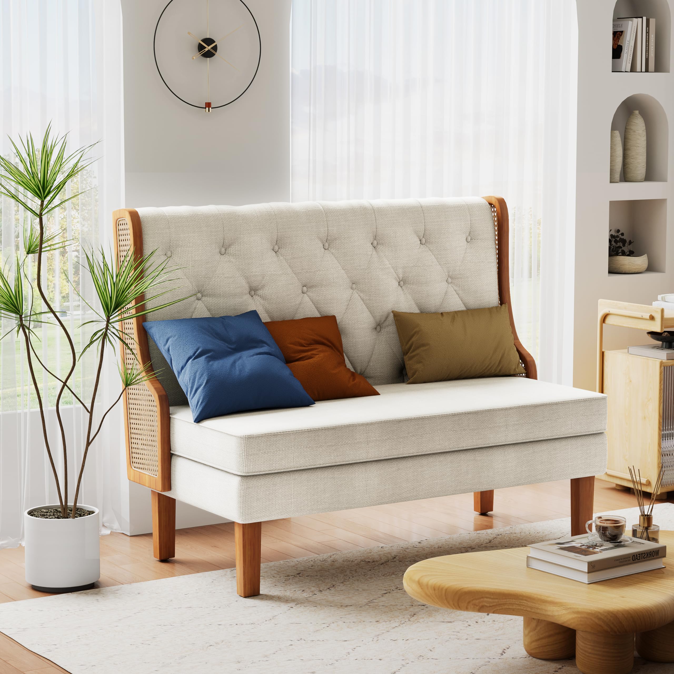 Andeworld Loveseat Settee Bench with Natural Rattan Arms,Upholstered Modern High-Back Mini Sofa Couch,Banquette Dining Bench Love Seat for Living Dining Room Bedroom Office Small Space Entryway,Ivory