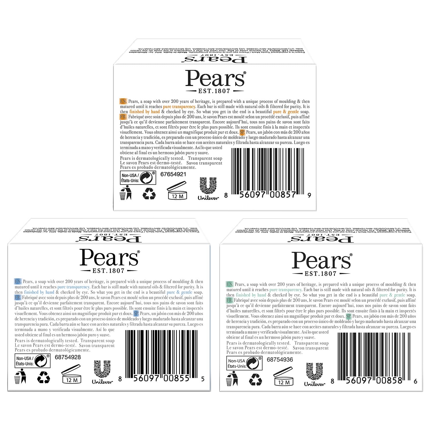 Pears Soap, Face & Body Soap, Variety 12-Pack β Pure & Gentle Transparent Bar Soap Bundle, Moisturizing Glycerin Soap for Glowing Skin, Amber, Blue, and Green Soap Bars, 3.53 Oz Ea