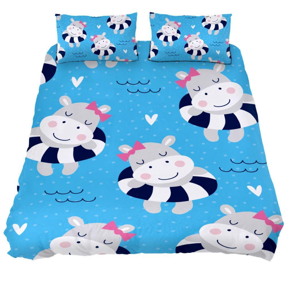 AISSO 3 Pieces Duvet Cover Set Queen Cute Hippo Girl Breathable Comforter Cover Set with Zipper Closure