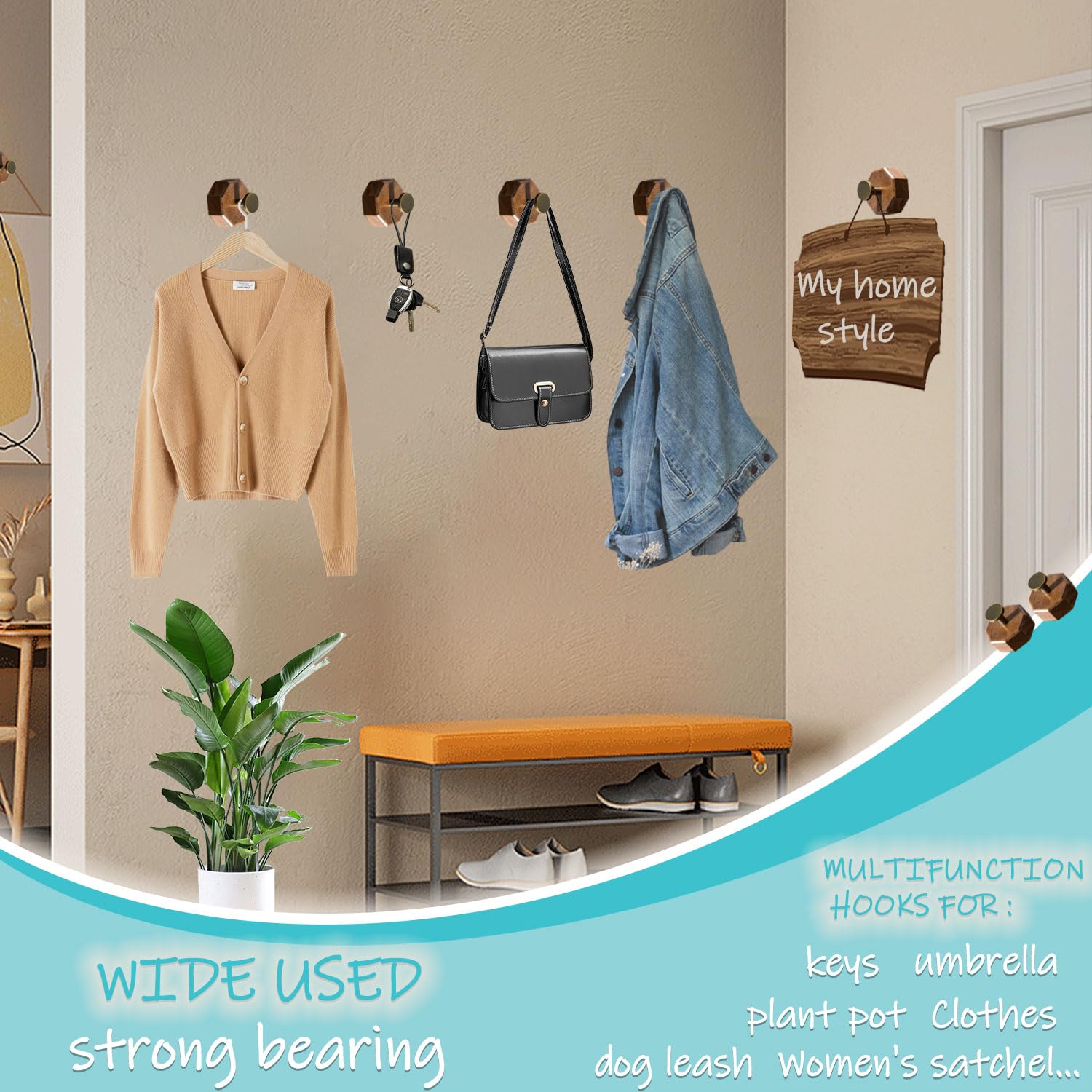 BeiLeiNiceHK Wall Hooks for Hanging Heavy Duty, 4 Packs Black Walnut Coat Hooks Wall Mount Small Wooden Decorative Wall Hanging Hooks