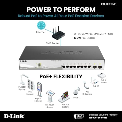 D-Link 10-Port Gigabit Smart Managed PoE+ Switch | 8 PoE+ Ports (130W) + 2 SFP Ports | L2+ | VLANs | Web Managed | Surveillance Mode | Desktop or Rackmount | Fanless | NDAA Compliant (DGS-1210-10MP)