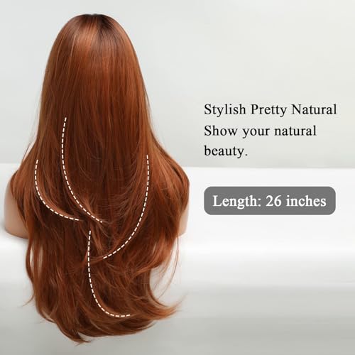 BAACHE Auburn Wig with Bangs Long Curly Wavy Wigs for Women Synthetic Ginger Wig for Daily/Party Cosplay
