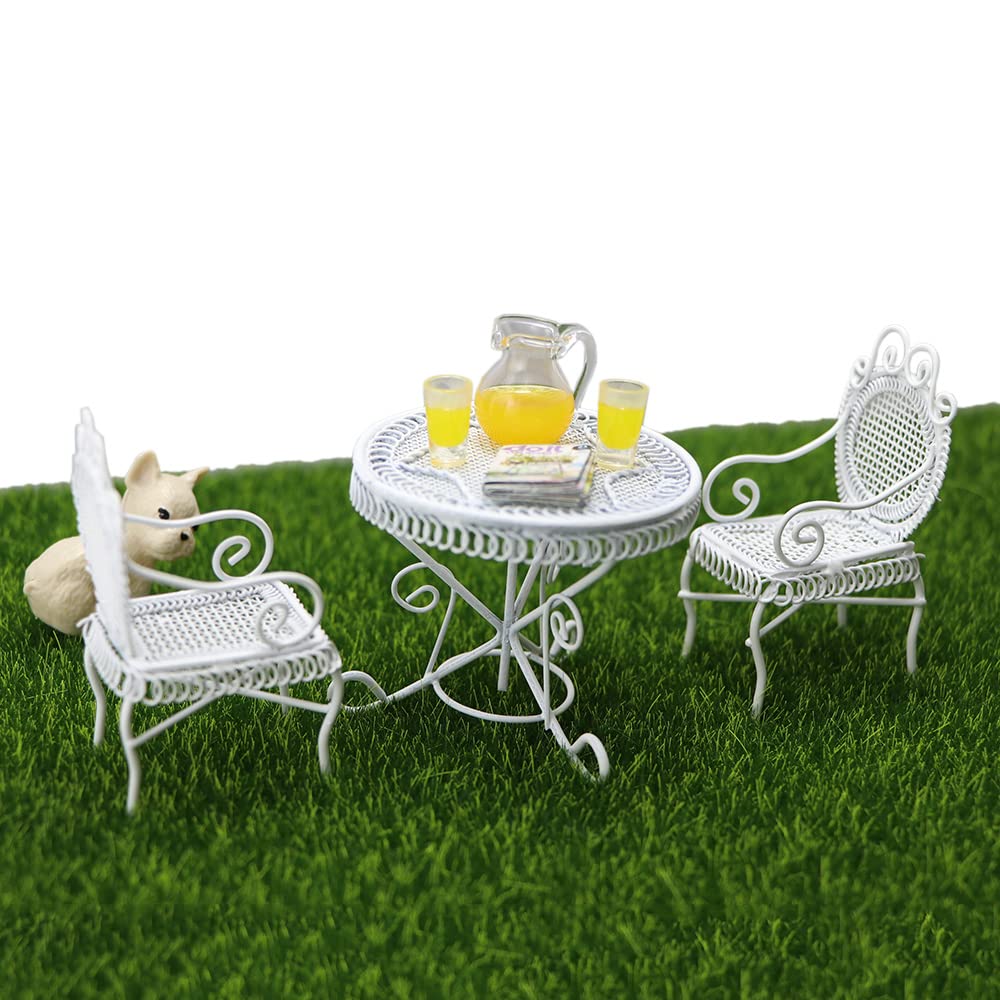 Dollhouse Miniature Bistro Table & Chairs Set Accessories Metal 1:12 Scale Miniatures White Coffee/Tea Furniture Fairy Garden Cute Rustic Elegant Decorations Ornaments (A)