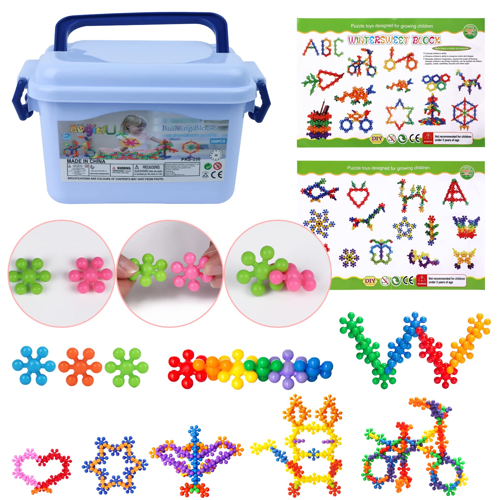 Magic4U 350PCS Building Toys for Kids with Storage Box, STEM Interlocking Blocks Preschool Educational Learning Plastic Connect Block Snowflake Toys for Boys&Girls Aged 3+