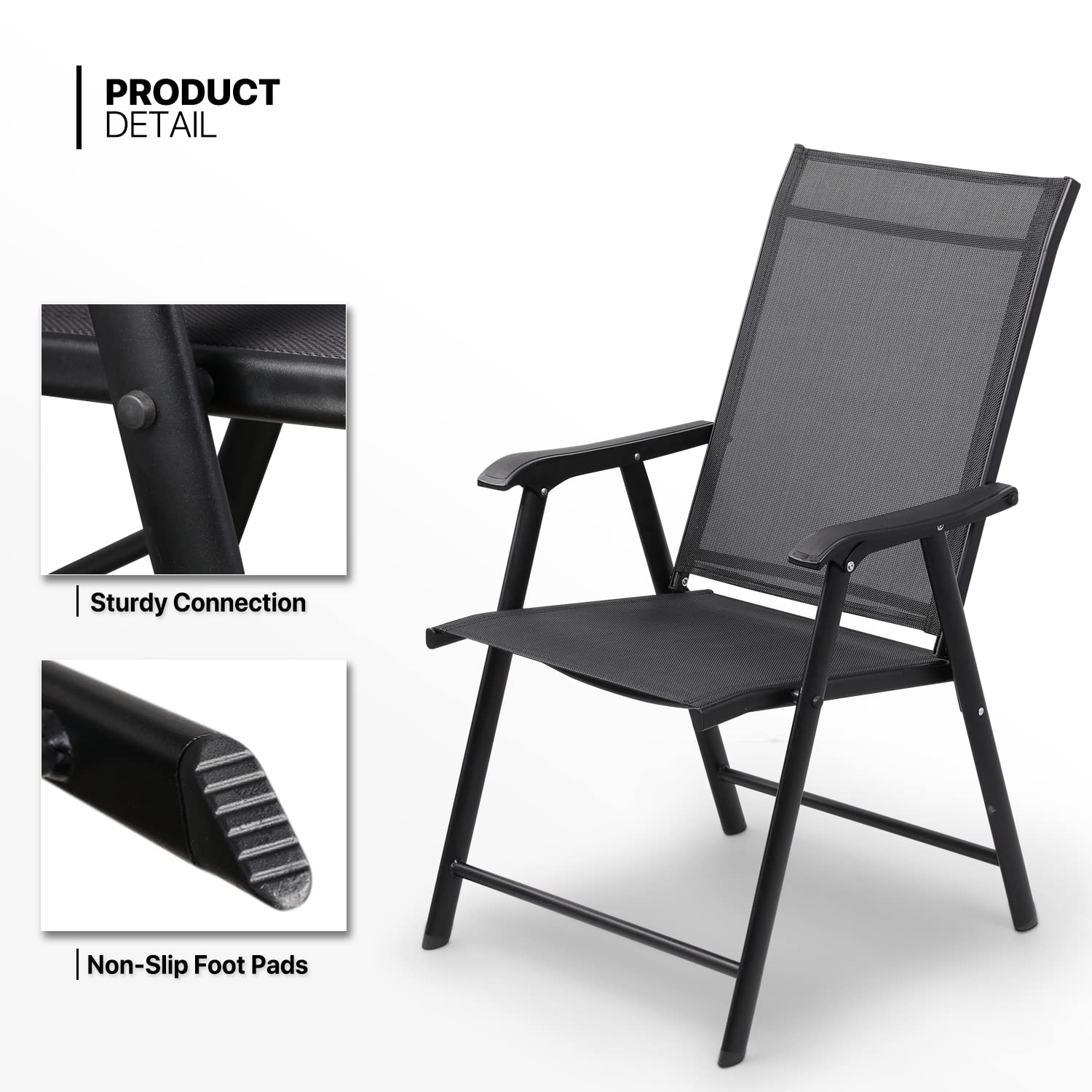 MoNiBloom Set of 2 Patio Outdoor Folding Chairs, Portable Dining Chairs with Armrest for Outside Garden Camping Backyard Poolside Beach Deck, Black