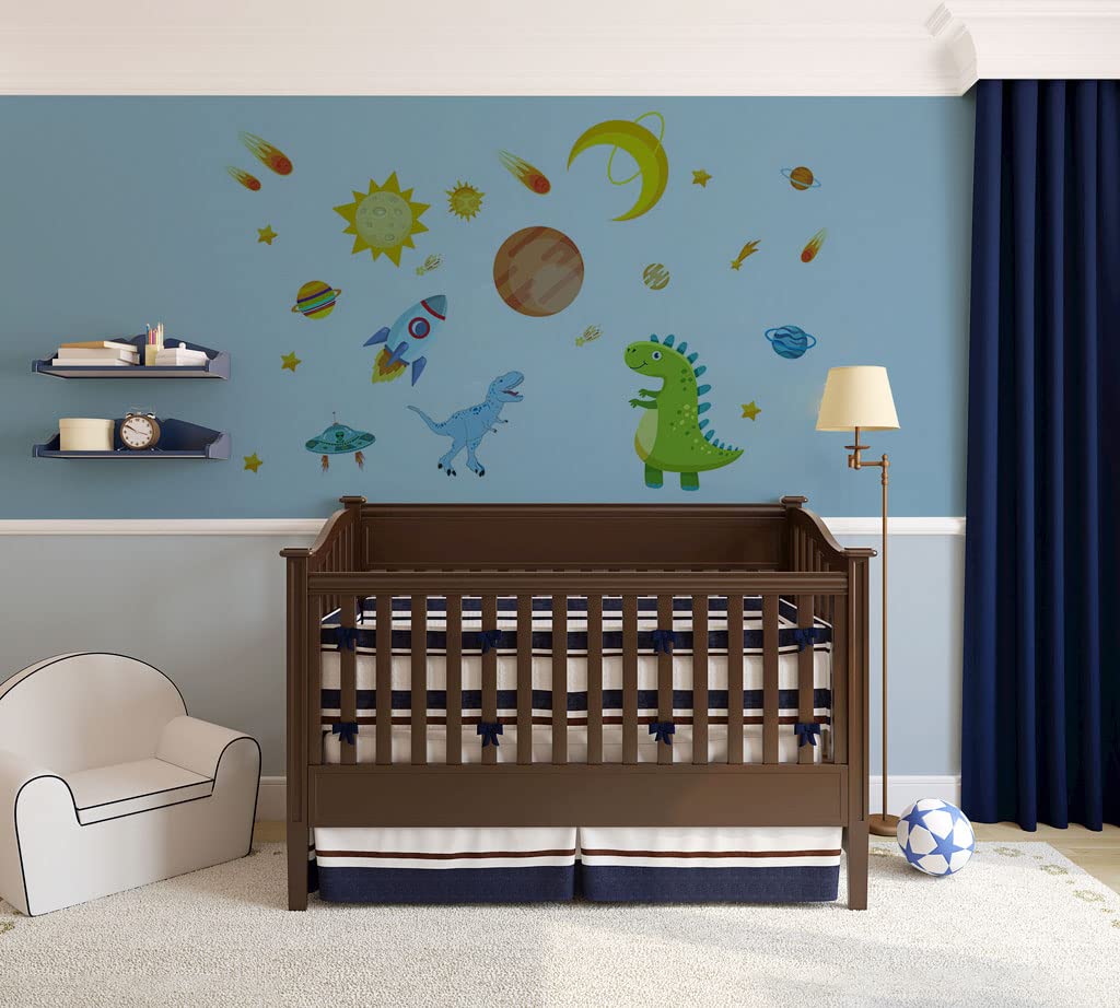 Dinosaur Outer Space Wall Decals, Dino Rocket Spaceship Decor Animal Planet Solar System Wall Sticker for Kid’s Bedroom Nursery Playroom Classroom Wall Decor
