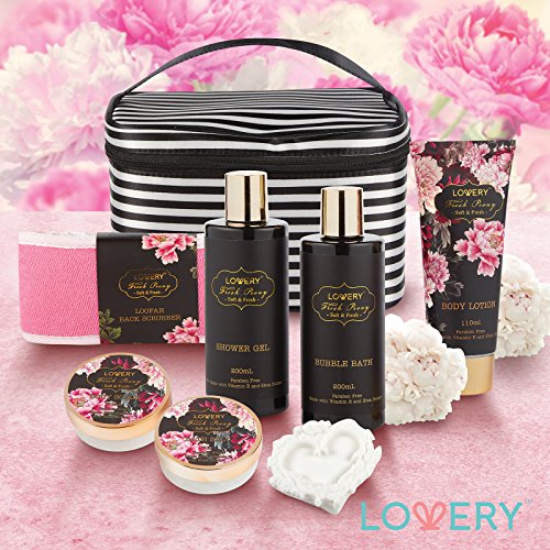 Valentines Day Home Spa Gift Basket, 8pc Bath & Body Set For Women and Men, Fresh Peony Scent - Contains Shower Gel, Bubble Bath, Lotion, Bath Salt, Body Scrub, Bath Soap, Back Scrubber & Cosmetic Bag