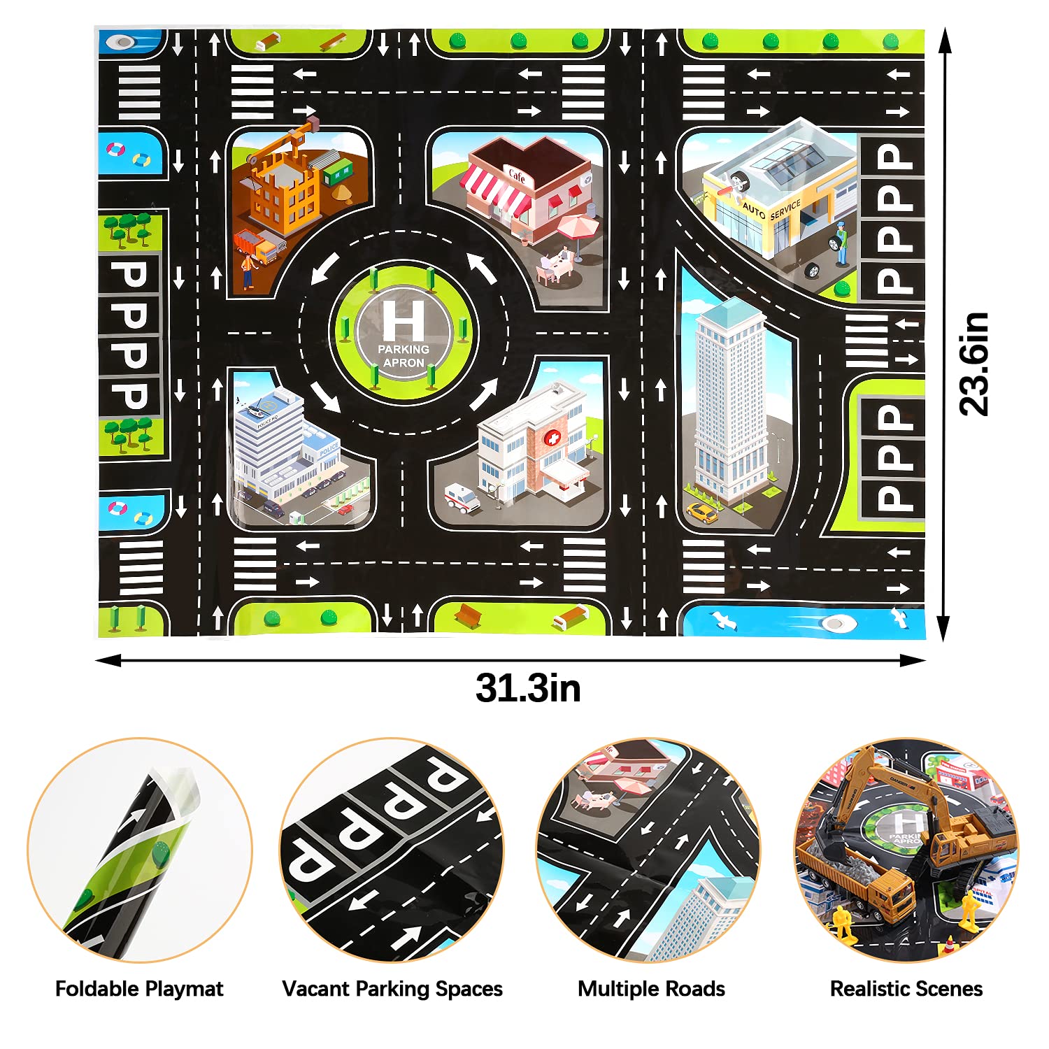 CUTE STONE Construction Vehicles Playset with Playmat, Kids Engineering Truck Set with Crane, Excavator, Tractor with 3 Interchangeable Parts, Cement, Truck, Educational Gift Toy for Toddlers Boys
