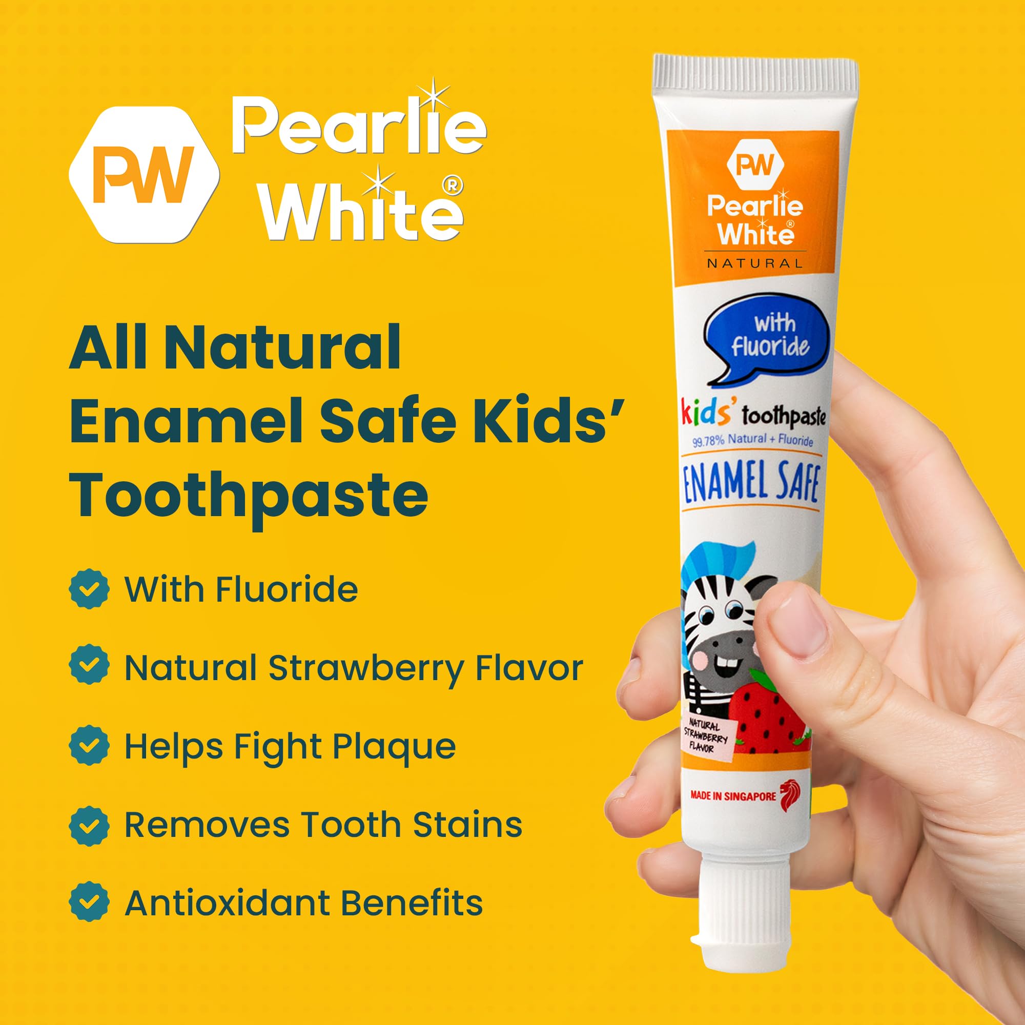 Pearlie White 99.78% Natural Fluoride Kids Toothpaste (1.58oz, 45gm) | Kids Toothpaste with Fluoride | Extra Gentle Enamel Safe Toothpaste for Kids | Low RDA | Natural Strawberry Flavor